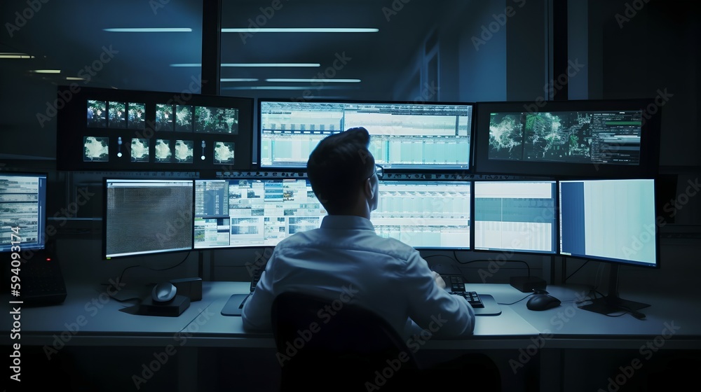 person sitting infront of multiple pc screens, futuristic pc setup ...