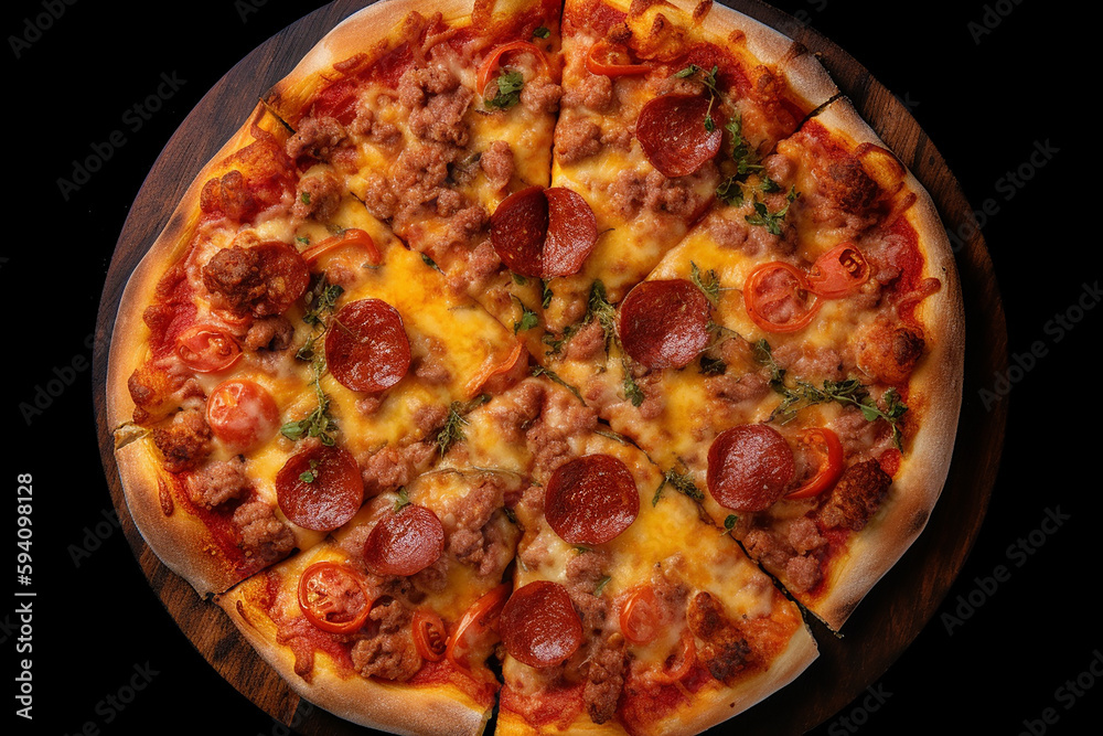 Flat lay top down view of a delicious American pizza with pepperoni and ...
