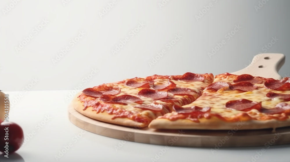 Pepperoni pizza on white table, product photography. Traditional and ...