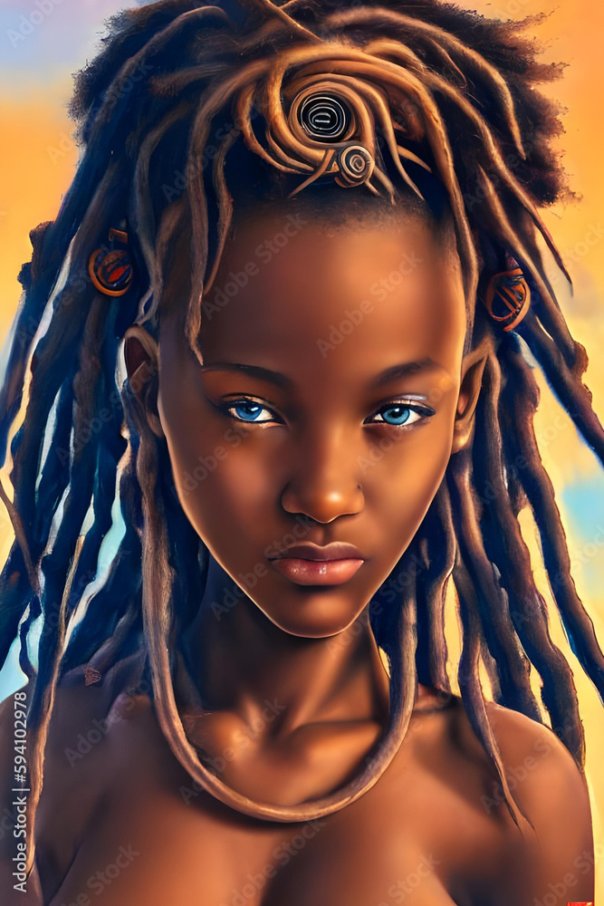 AI generated illustration of beautiful african girl with hypnotic blue ...