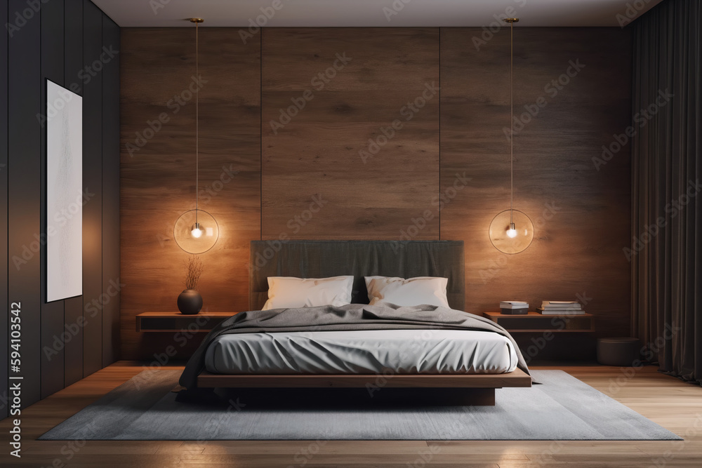 Modern minimalistic bedroom interior with a big empty wall with paint ...