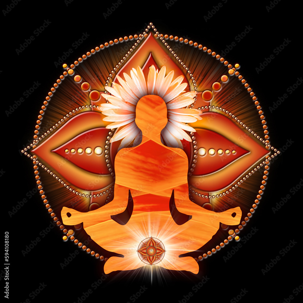 Root chakra meditation in yoga lotus pose, in front of muladhara chakra ...