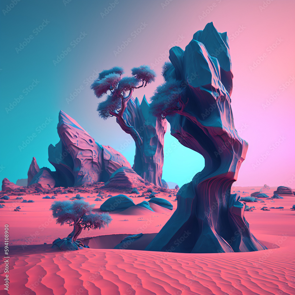 pink and blue neon lights on an alien desert. neo-noir pink and blue ...
