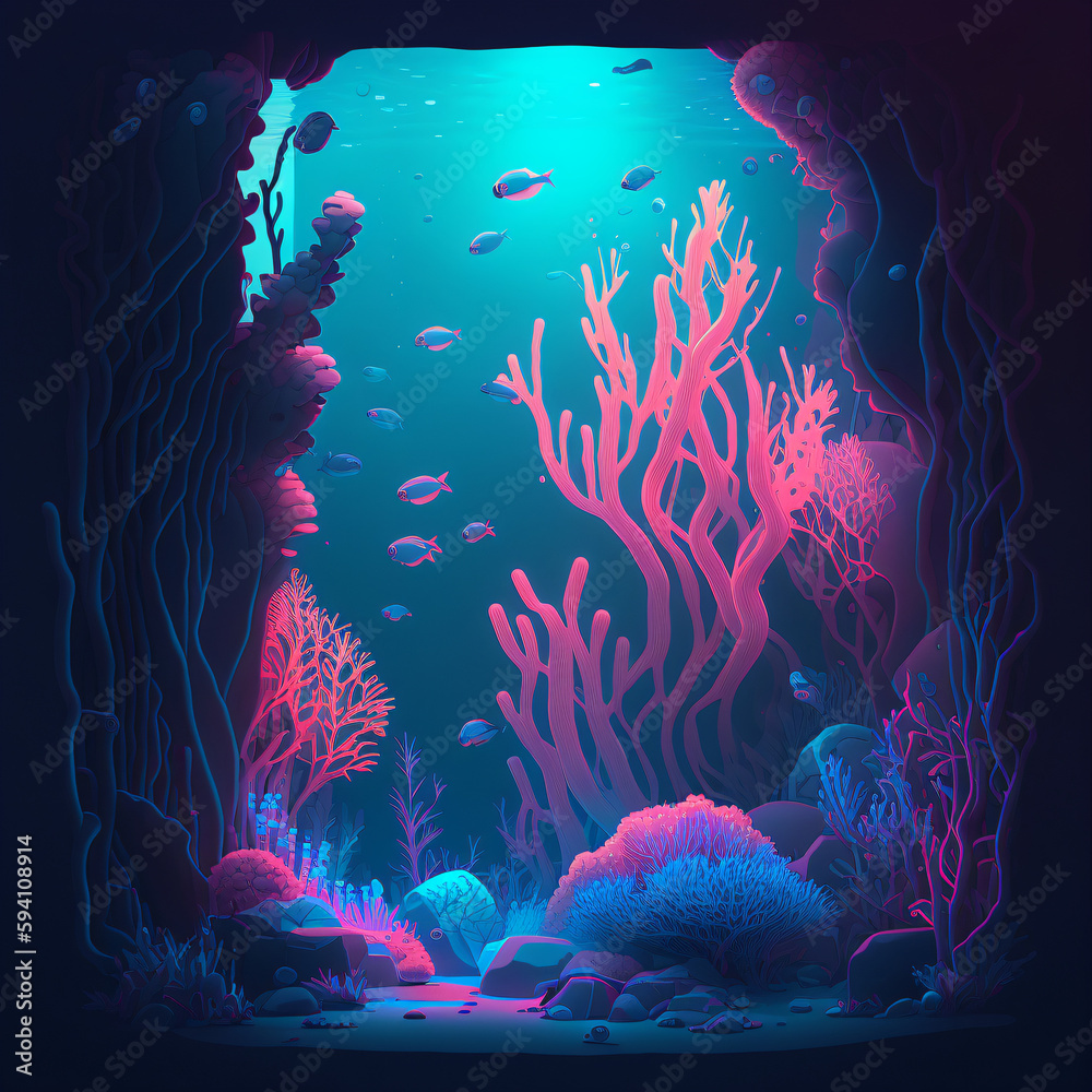 pink and blue neon lights on a reef. neo-noir pink and blue reef ...