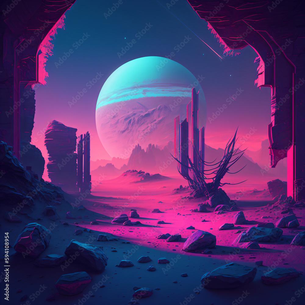 pink and blue neon lights on an alien planet's surface. neo-noir pink ...