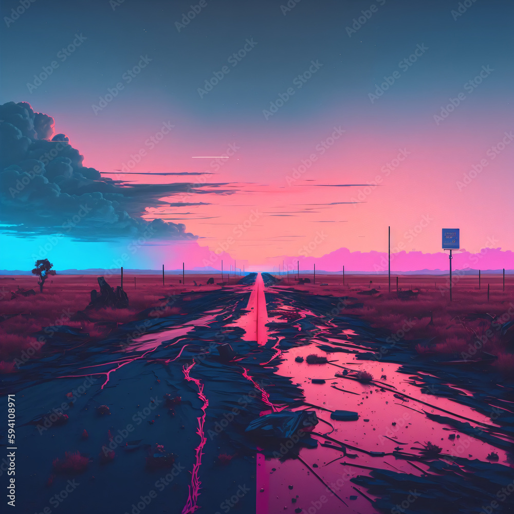 pink and blue neon lights on a country road. neo-noir pink and blue ...