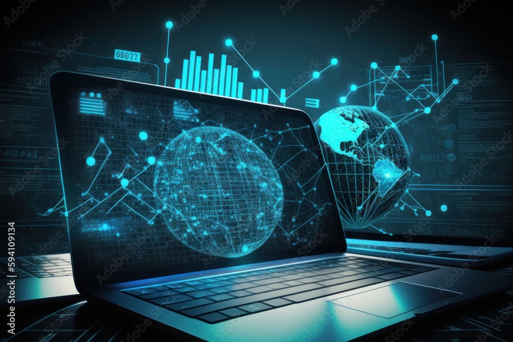 Laptop with analytical data earth - business background banner blue ...