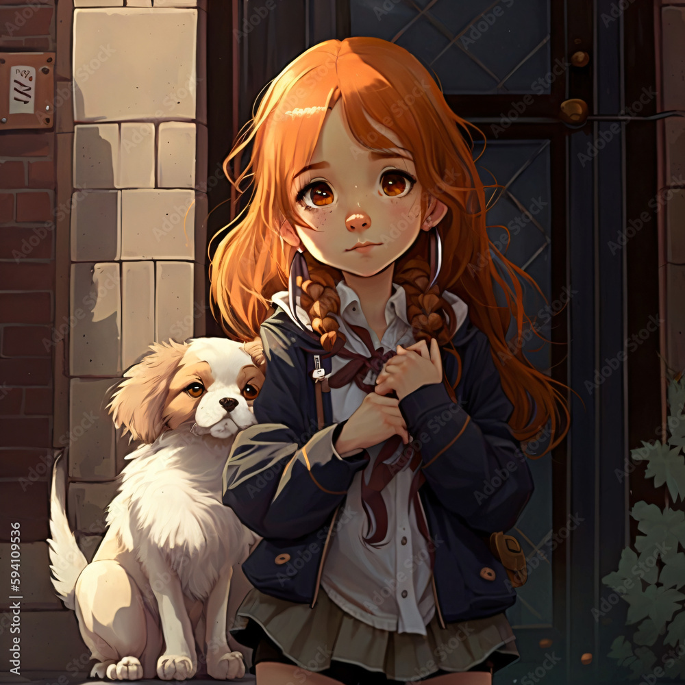 cute girl and a dog anime cartoon Generative Ai Stock Illustration ...