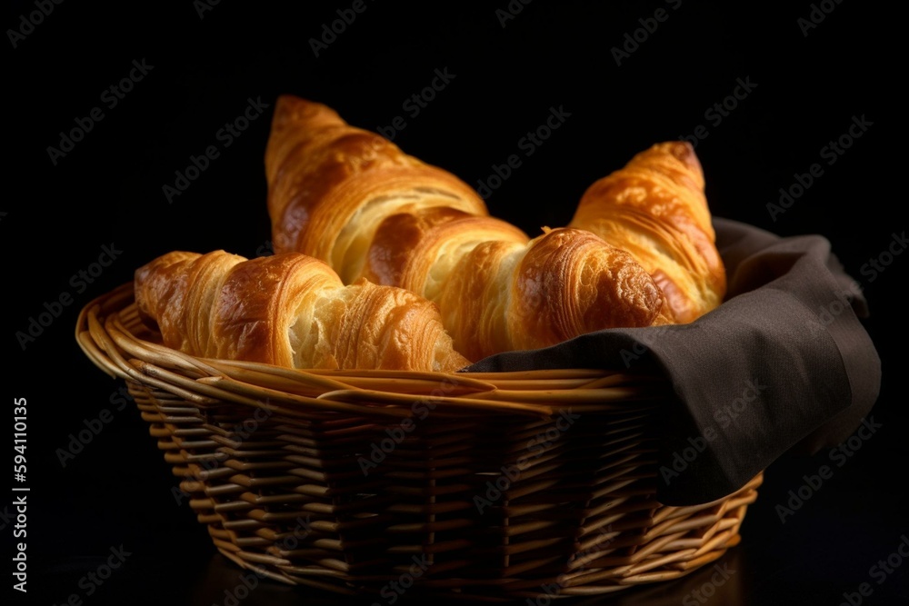 Basket of croissants Croissant bread closeup isolated isolated on dark ...