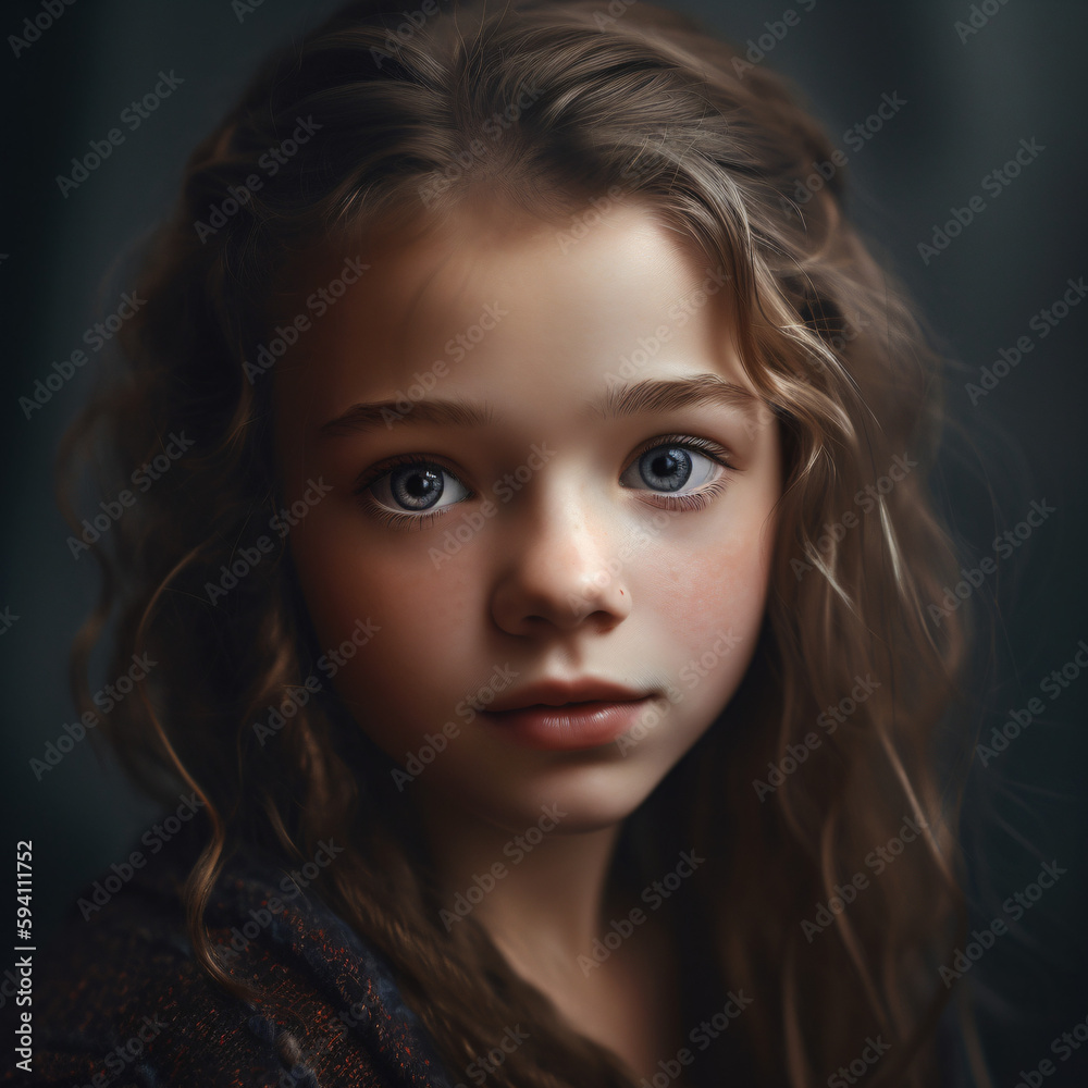 cute little girl portrait shot with big blue eyes and brown hair Generative Ai Stock ...
