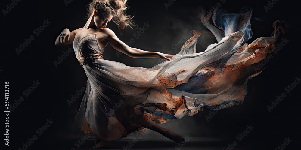 Breathtaking image of woman dancer in motion wearing long flowing dress ...