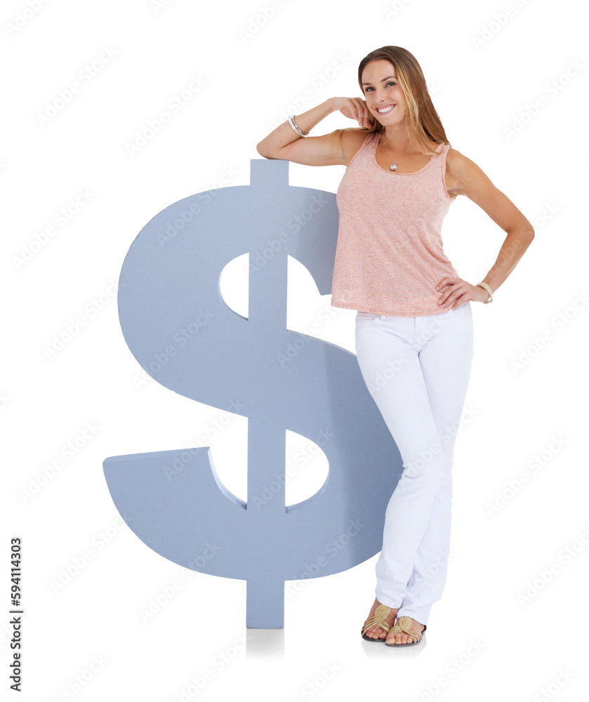 Woman, dollar sign and smile portrait for saving, money icon or ...