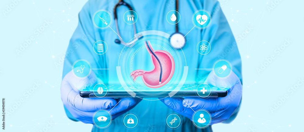 Endoscopic biopsy, esophagogastroduodenoscopy, EGD. Human stomach ...