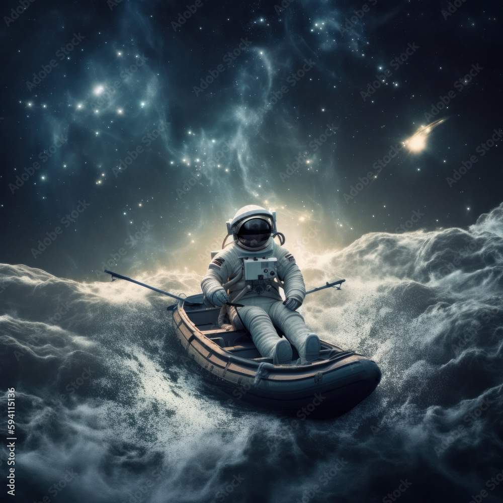 Cosmic Voyage: Astronaut on Raft in the Vastness of Space - Created ...