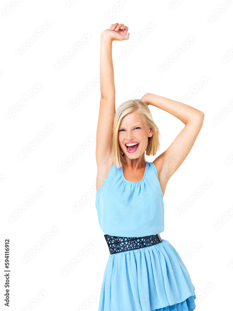 Excited, laughing and energy with portrait of woman with celebration ...