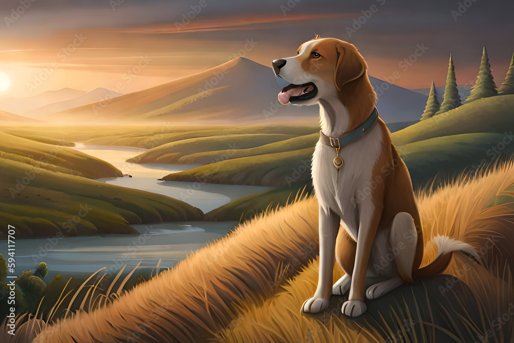 painting of a dog sitting on a hill overlooking a lake, a 3d animated ...