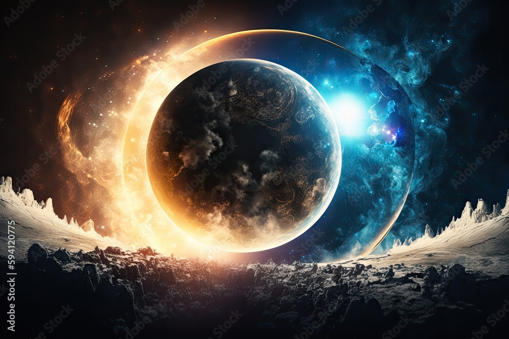 Abstract planet eclipse in space. Alien worlds with glowing lens flares ...