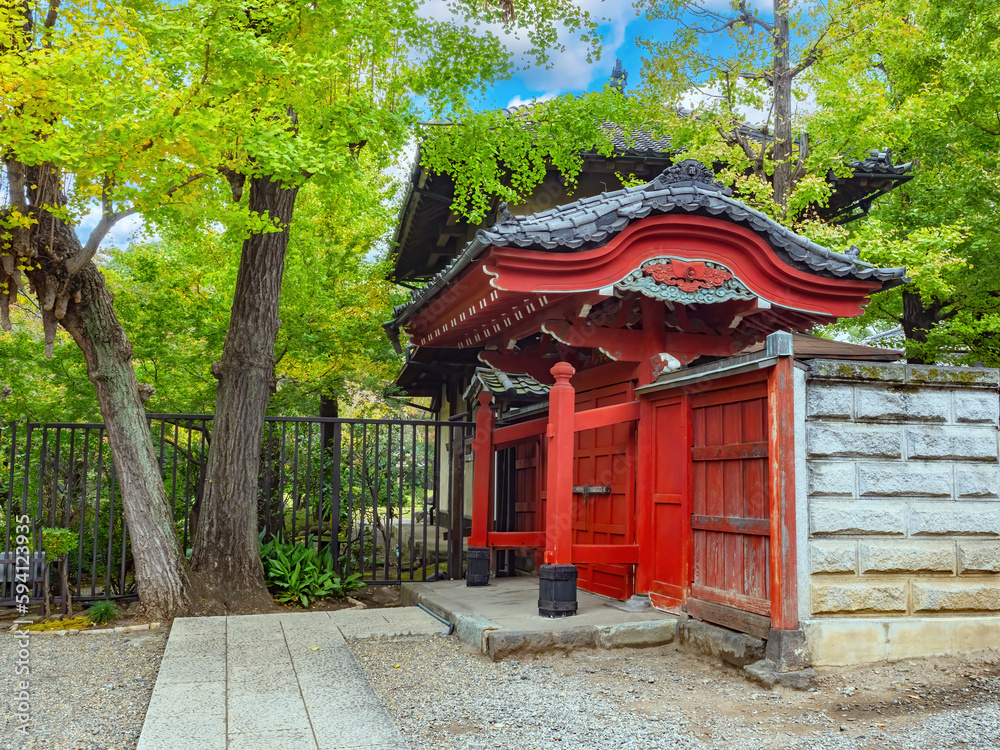 Japanese architecture. Streets of Tokyo. Ancient buddhist building. Red ...