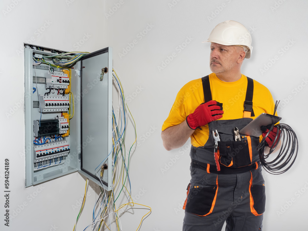 Electrical engineer. Guy with electric wire. House wiring repair ...