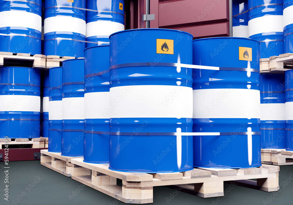 Warehouse of chemistry. Blue barrels on pallets. Tanks with flammable ...