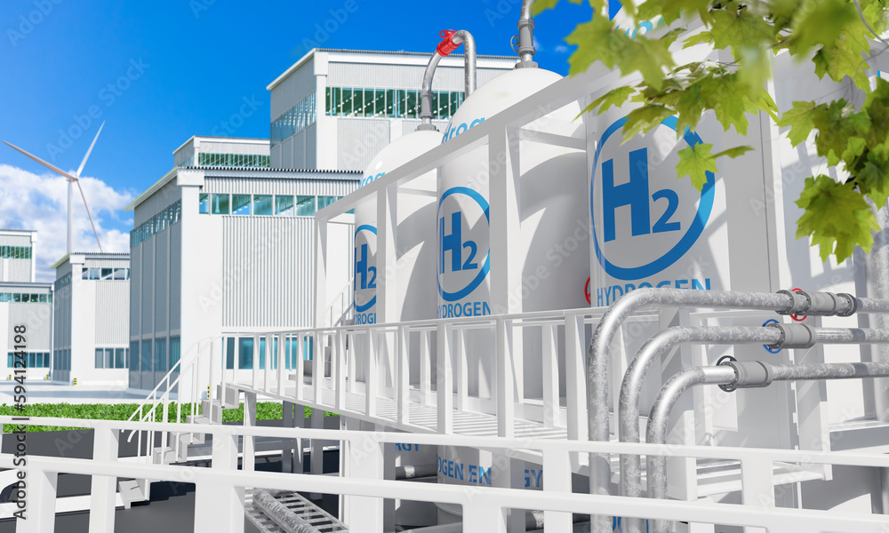 Hydrogen energy. Tanks with h2 logos. Plant for production hydrogen gas ...