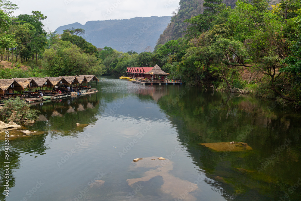 Clean swamp view with rafts for dining and floating house rafts for ...