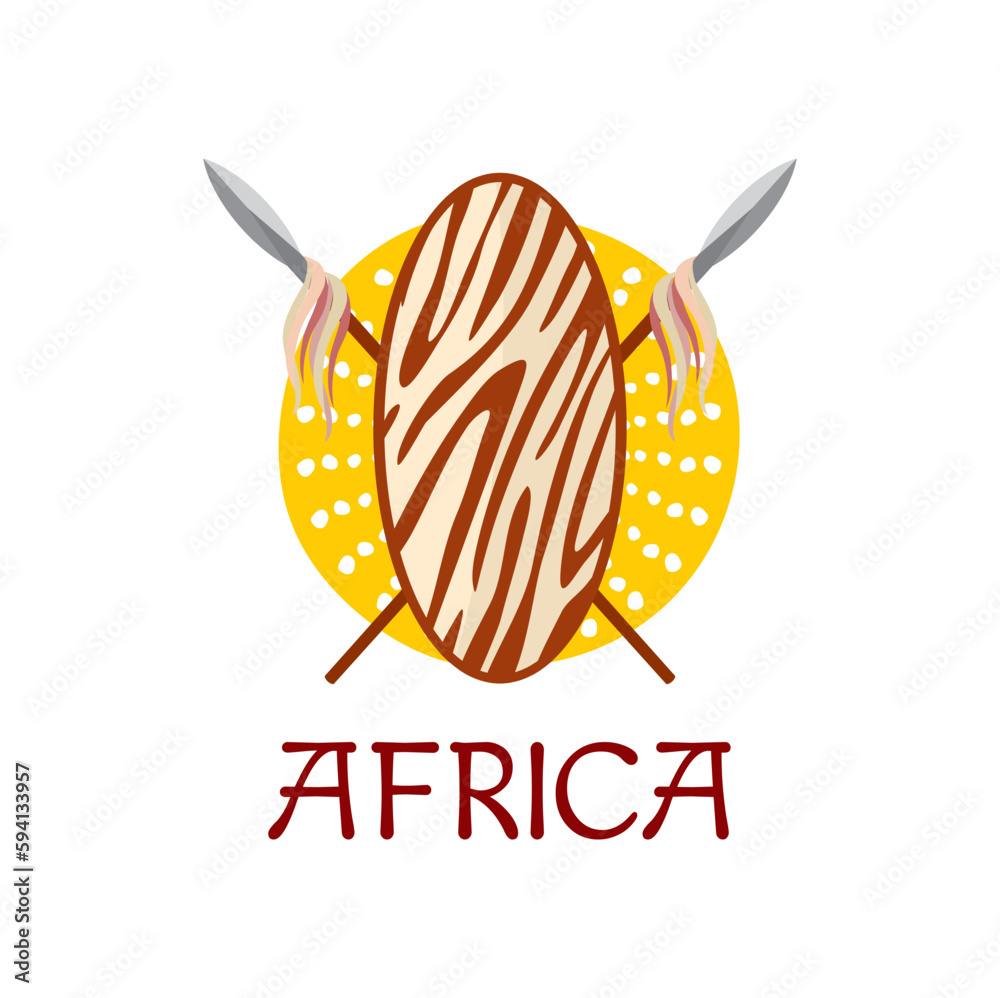Africa icon. Tribe shield and crossed spears. Tanzania travel, Africa ...