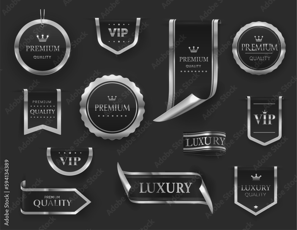 Silver luxury labels and banners. Vector set of seals, medals, award ...