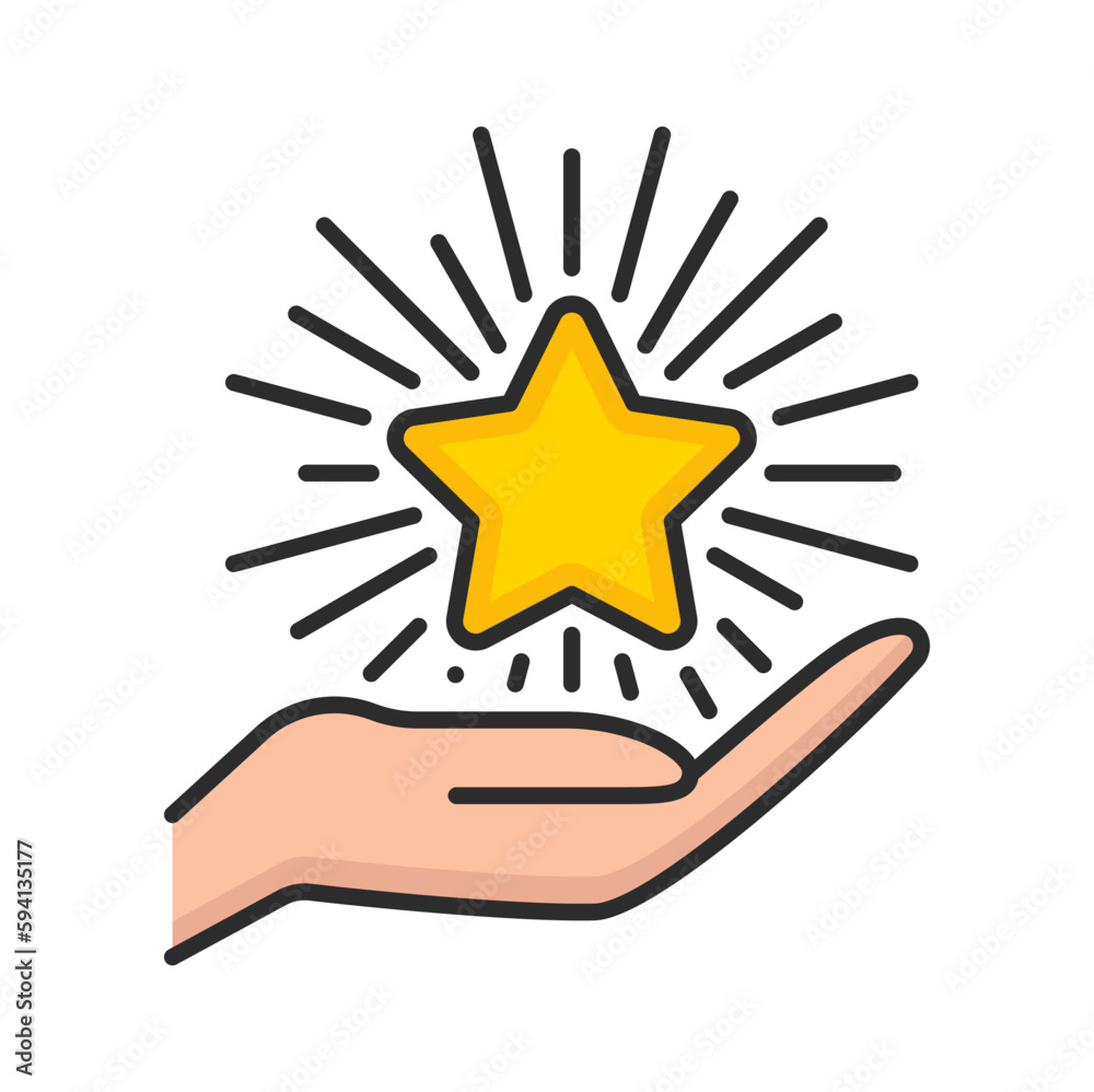 Bonus points star on hand icon, vector special offer of customer ...
