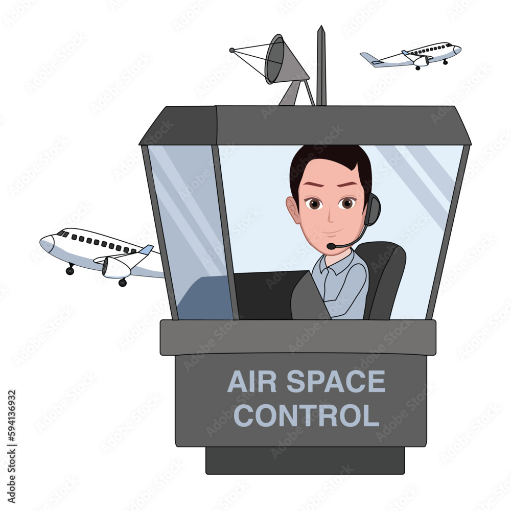 cartoon caricature character of an air control officer on duty at the ...
