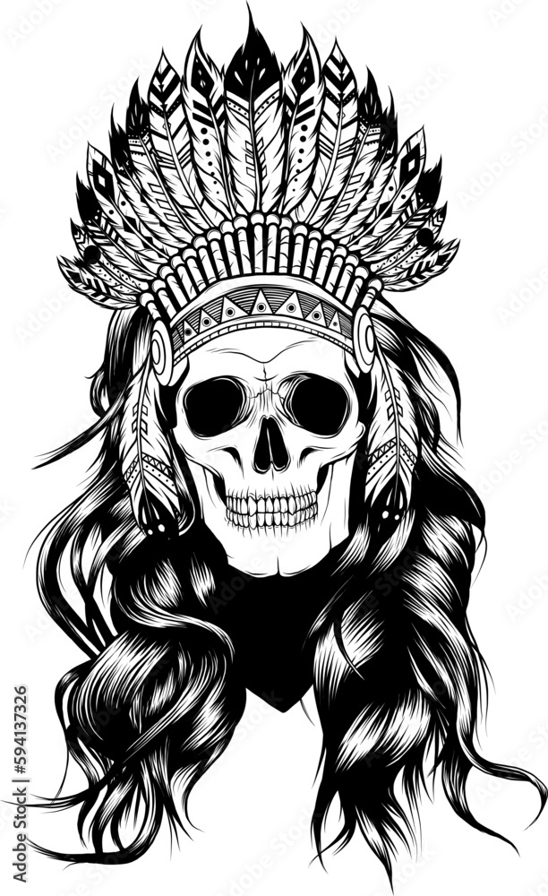 Indian skull with headdress of feathers. The leader of a tribe of ...