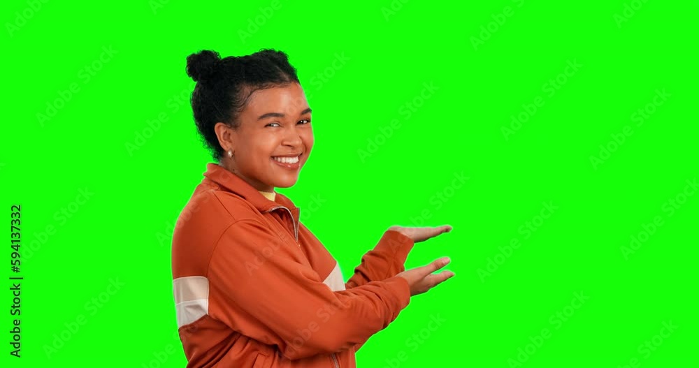 Green screen face, studio gesture and woman excited for product copy ...