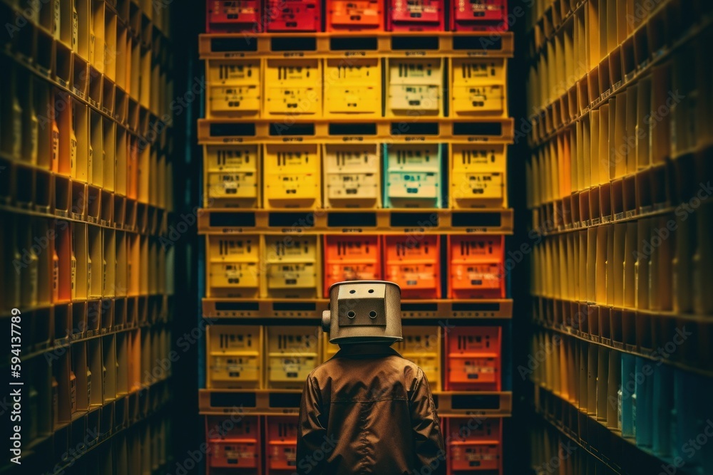 Robot storekeeper in a warehouse. Concept of automatic logistics ...