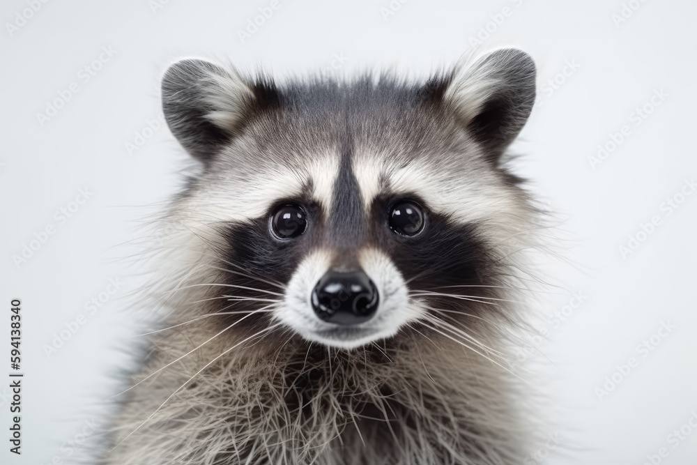 curious raccoon staring directly at the viewer against a plain white ...