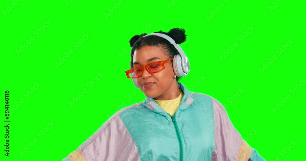 Green screen smoke, music listening and woman dancing to relax podcast ...