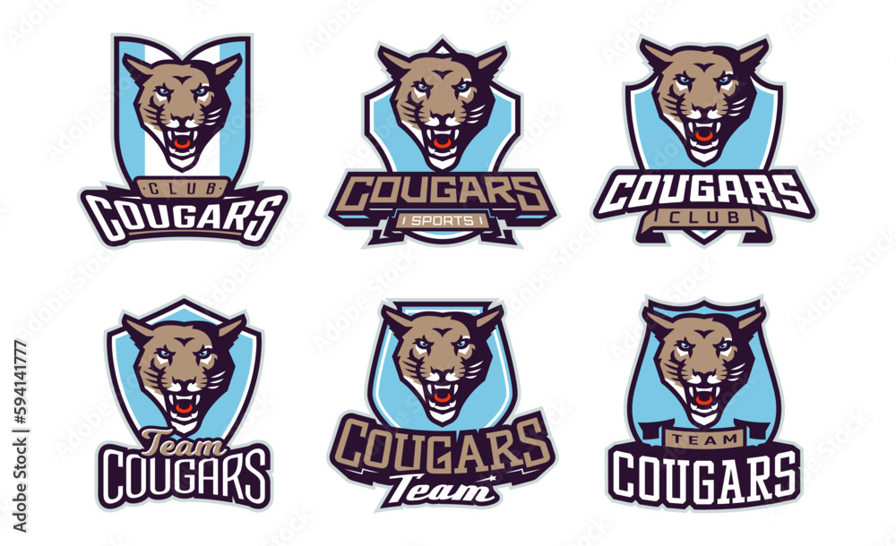 Set of sports logos with cougar mascots. Colorful collection sports ...