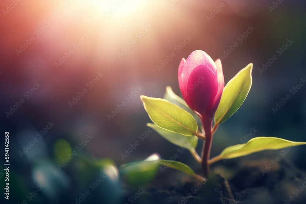 Young sprout with an open bright pink flower on top, in the morning ...