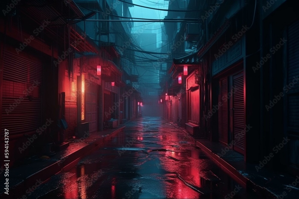 Mystical Empty Red Lights Street In Spooky Ancient Town 3D Art ...