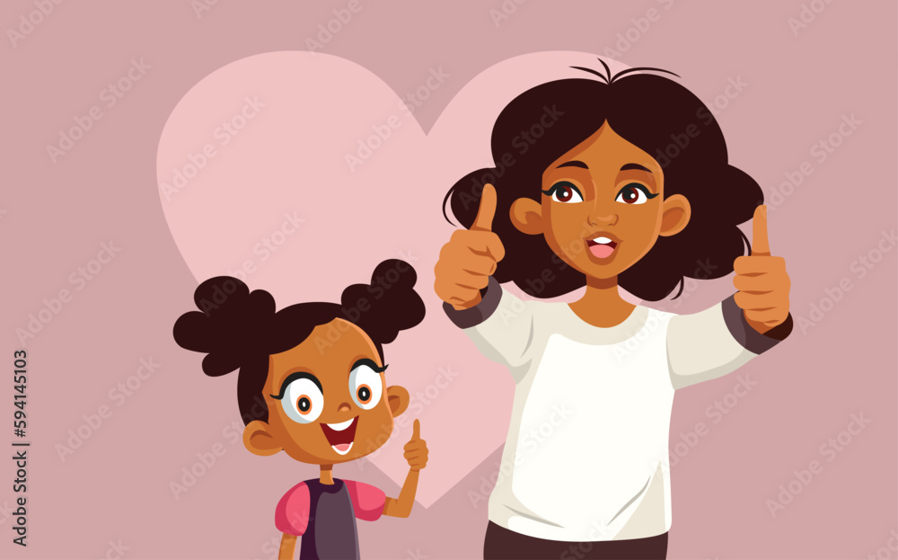 Mom and Daughter Showing Ok Thumbs up Gesture Vector Cartoon. Happy ...