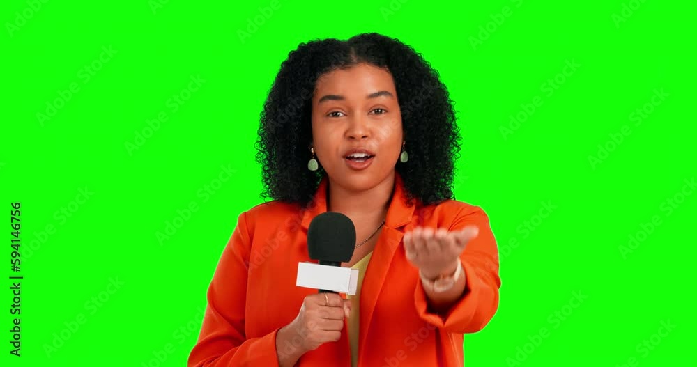Green screen microphone, woman face and reporter talking about news ...
