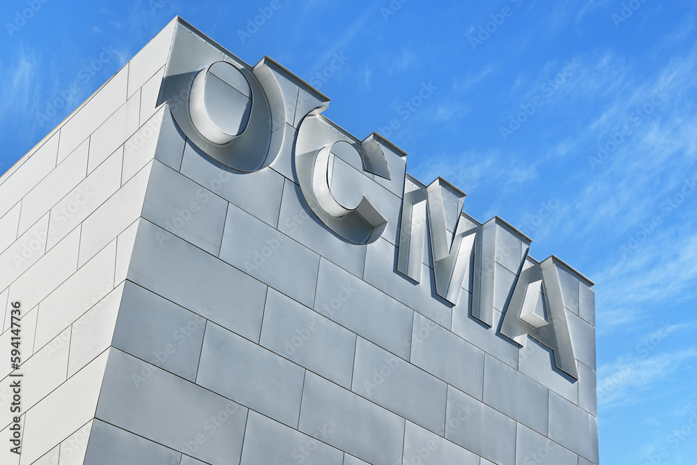 COSTA MESA, CALIFORNIA - 3 APR 2023: OCMA sign on the back side of the ...