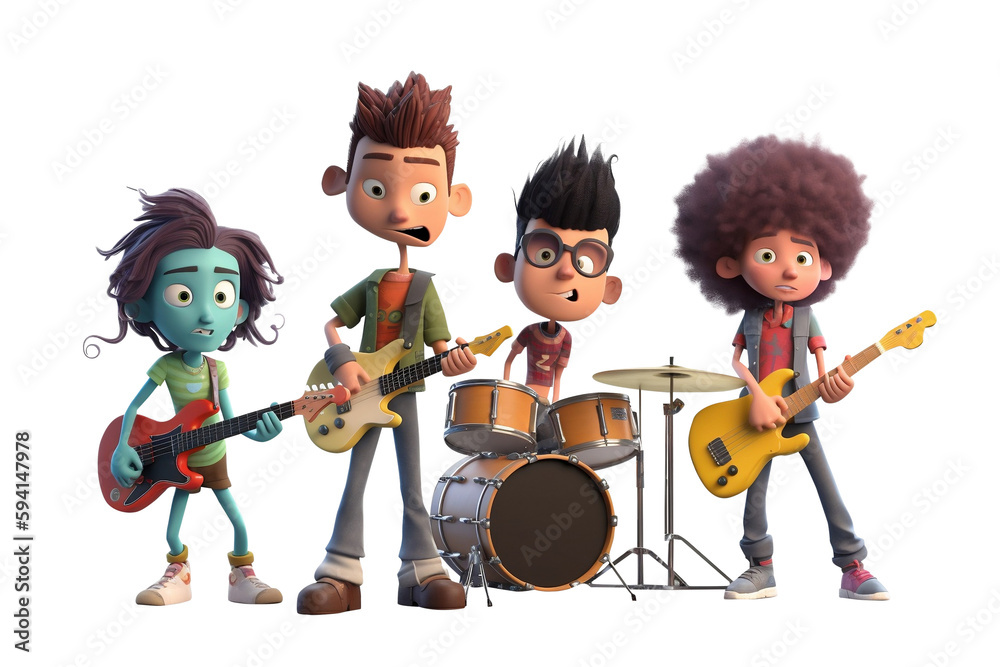 3D cartoon character cute Rock music band performing with young men ...
