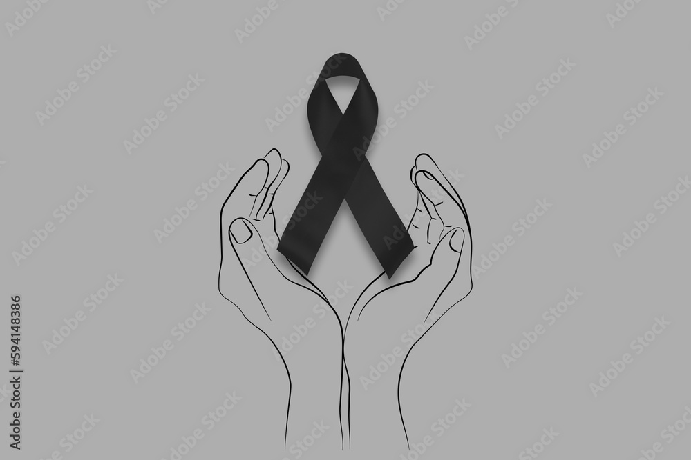 Hand hold black ribbon on background. Mourning is the grieving process ...