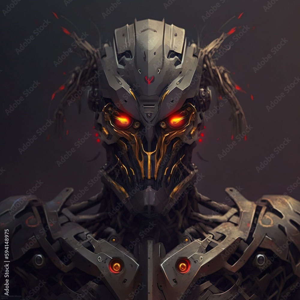 Dystopian robot with red eyes on a dark background - ai generative art ...