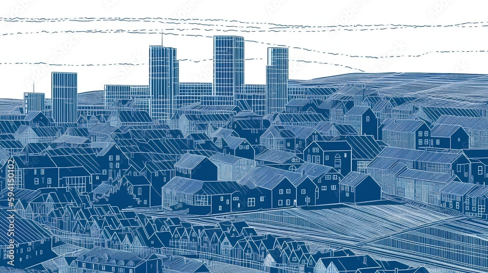 Stylized drawing of vibrant cityscape with buildings, showcasing urban ...