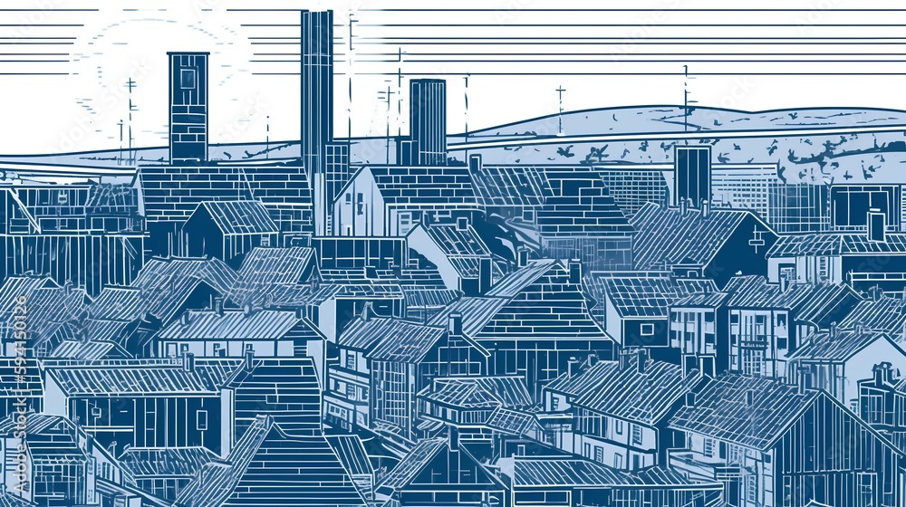 Stylized drawing of vibrant cityscape with buildings, showcasing urban ...