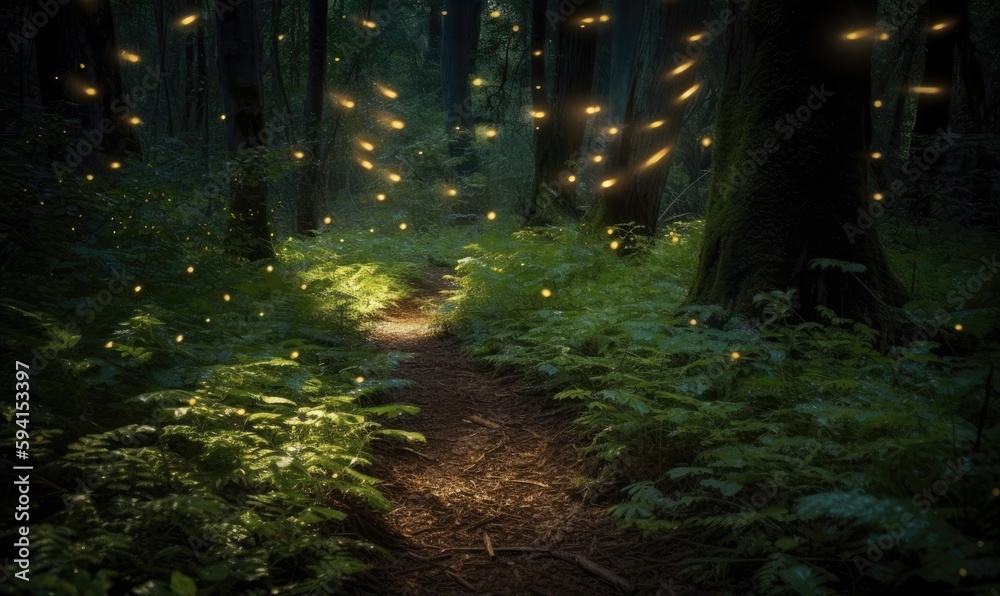 Fireflies light up the way along the forest path Creating using ...