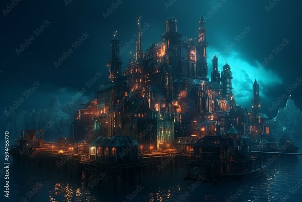 Fantasy cyberpunk city in mega structure lighthouse castle fortress ...