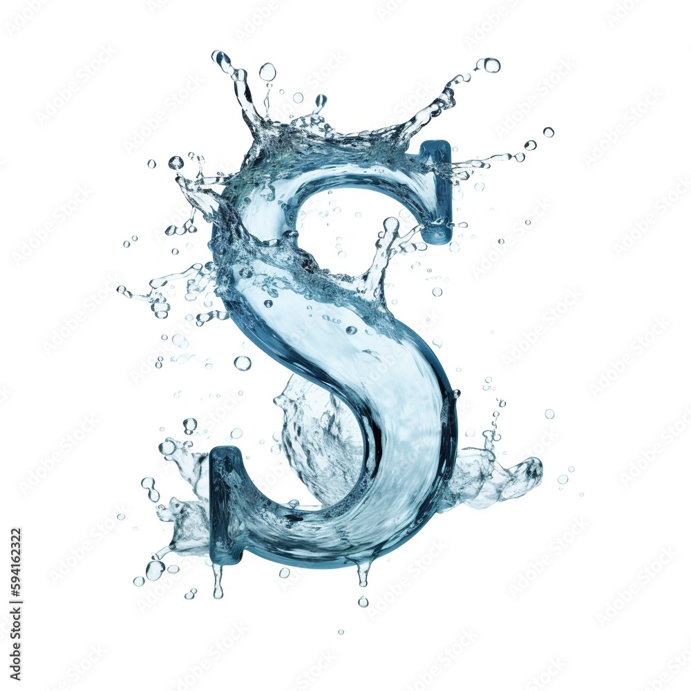 Alphabet capital letter S made with pure water, water splash and drops ...