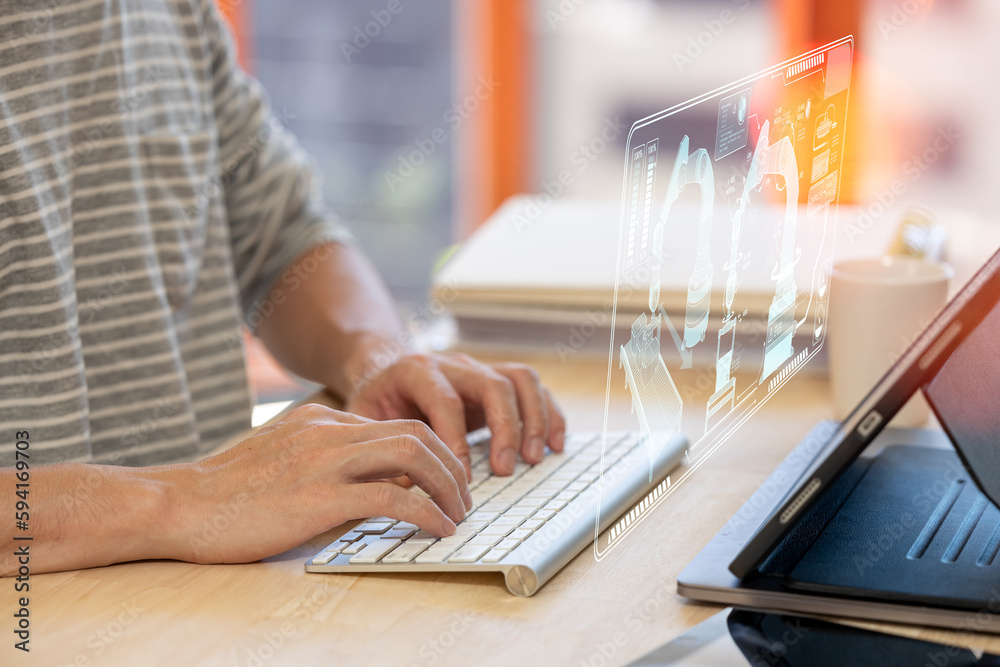 Foto de Mechanical Engineer Designs 3D Engine on Personal Computer. In ...